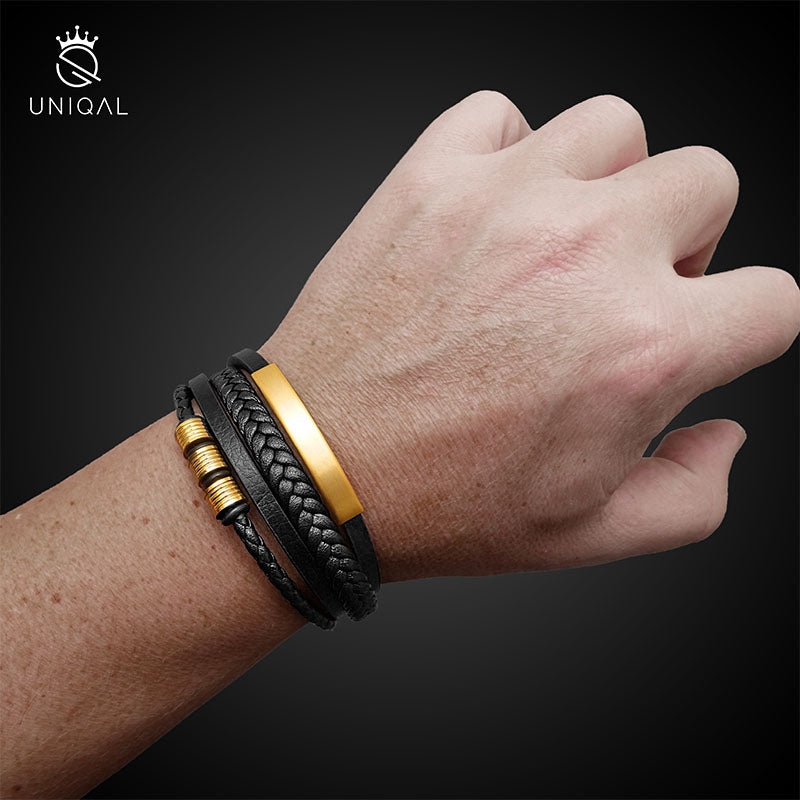 Lederarmband Herren "GOLD SHAPE" | Edelstahl/Leder | Uniqal.de