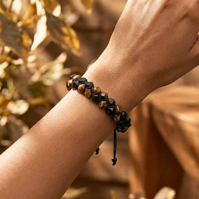 Tigerauge & Schwarzer Turmalin Armband – Diamond Cut, zweireihig ...